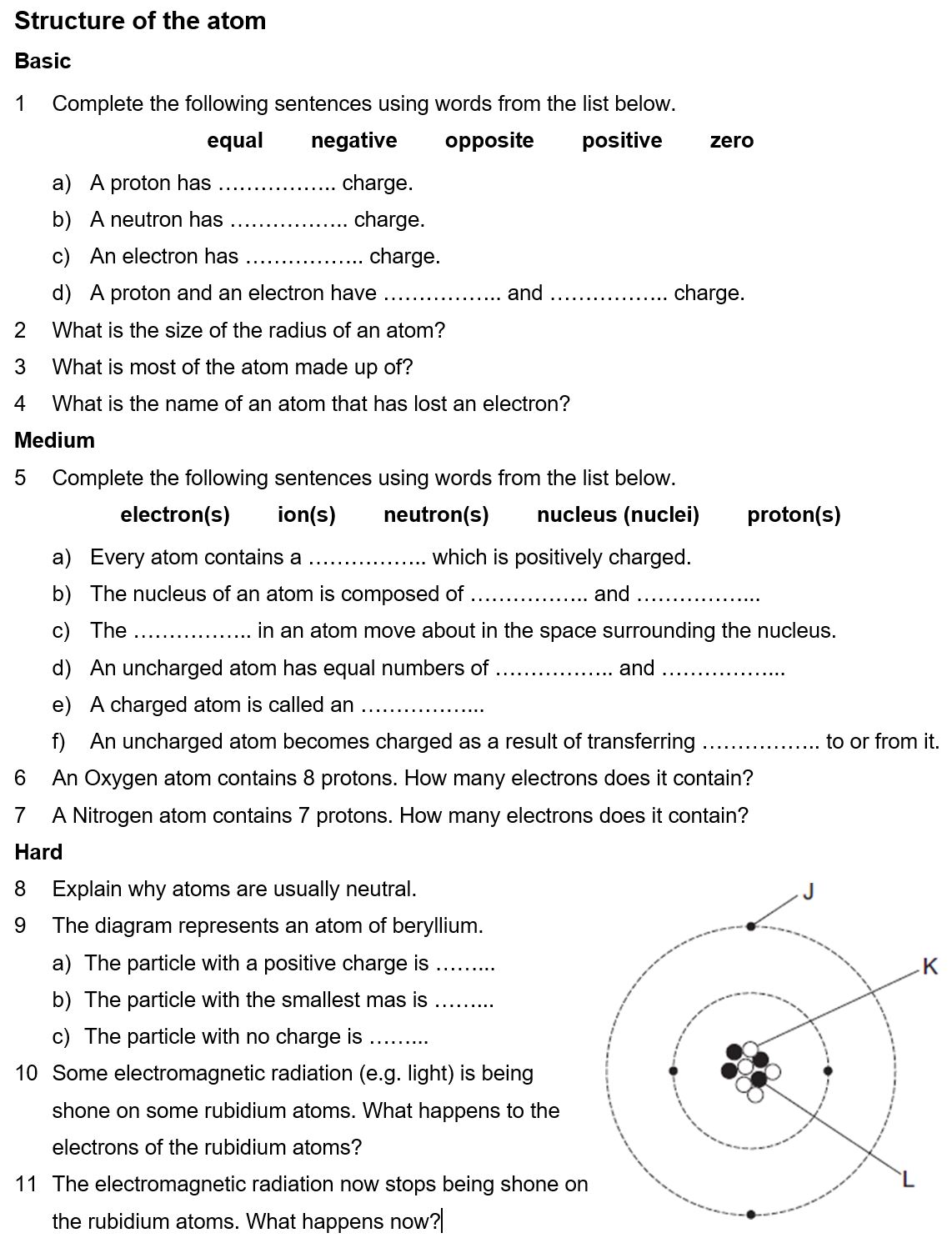 Atomic Structure Worksheet Ks3
